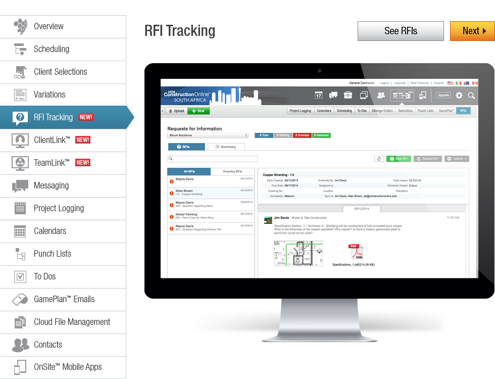 UDA ConstructionOnline™ South Africa - RFI Tracking - Tour of Features