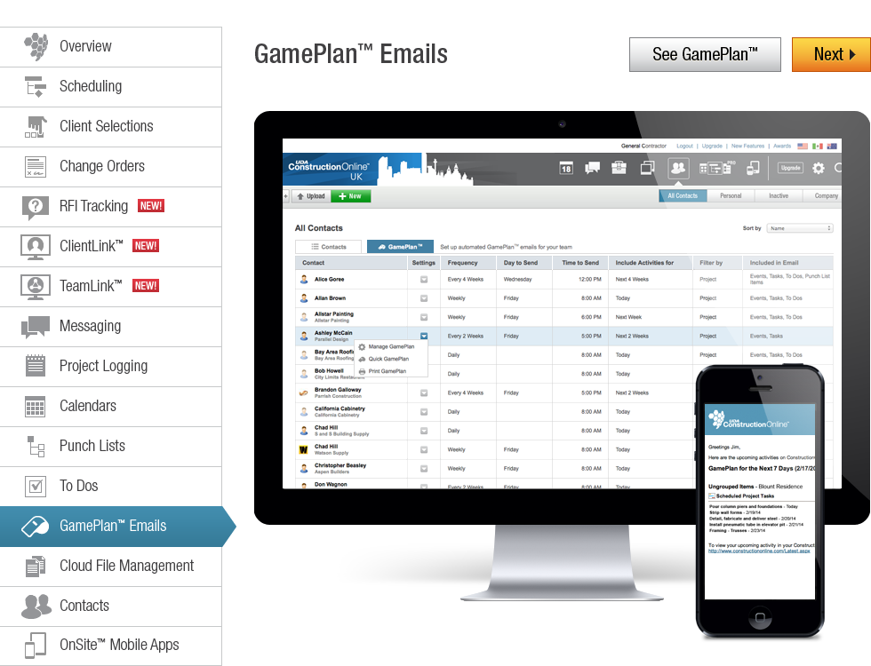 UDA ConstructionOnline™ - GamePlan Automated Emails - Tour of Features